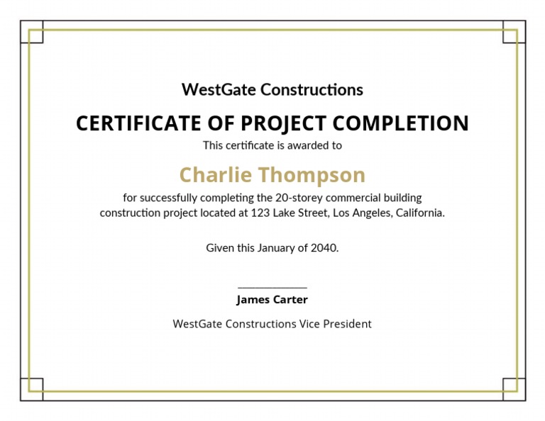 Construction Project Completion Certificate Template | PDF