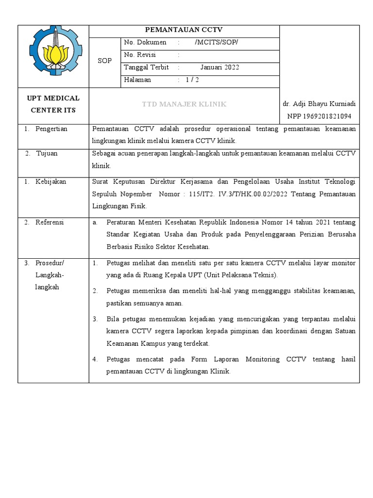 SOP Pemantauan Keamanan CCTV Klinik | PDF | Bisnis | Komputer