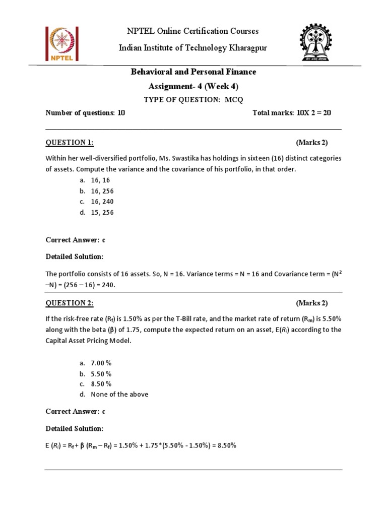 NPTEL Assign 4 Jan23 Behavioral and Personal Finance | PDF ...