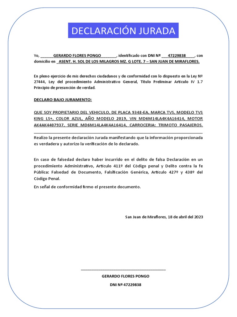 Declaracion Jurada Simple | PDF