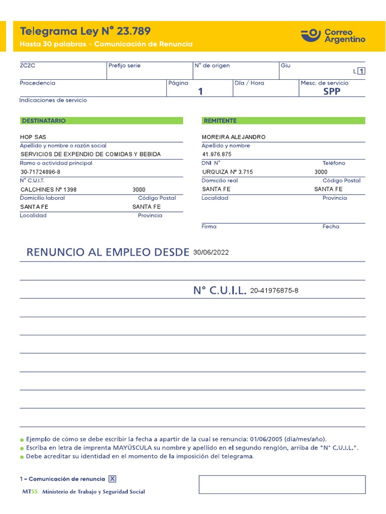 Telegrama Renuncia Alejandro Moreira Telegrama | PDF