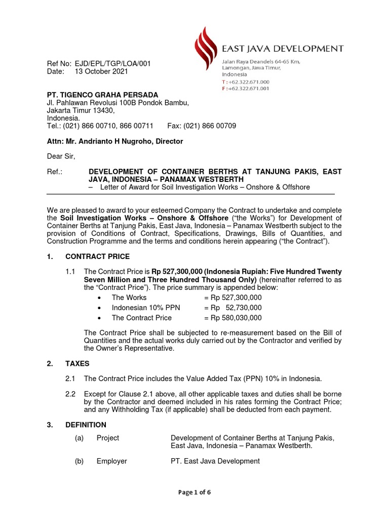 2021-10-13 Panamax Westberth - Letter of Award To Tigenco For Soil ...