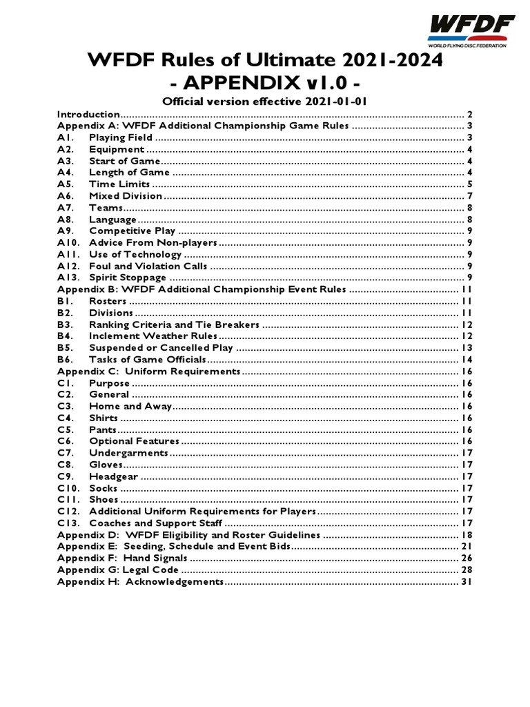 WFDF Rules of Ultimate 2021-2024 - Appendix v1 | PDF | Lightning | Sports WFDF Rules of Ultimate 2021-2024 - Appendix v1 | PDF | Lightning | Sports