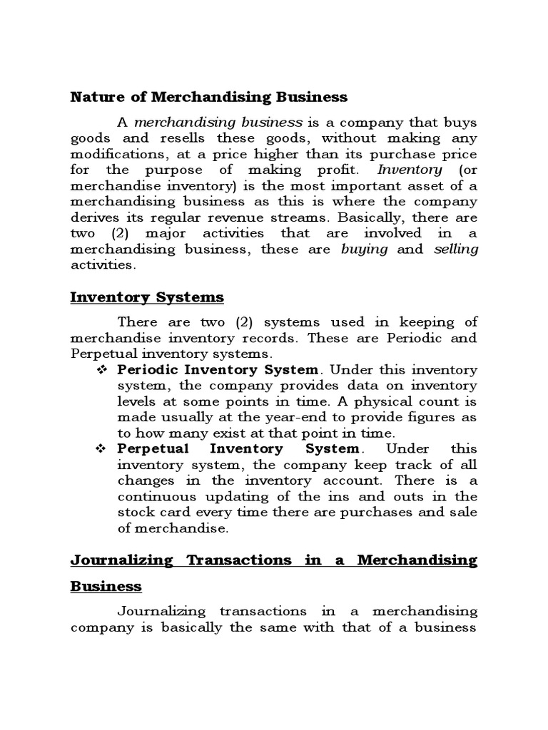 Nature of Merchandising Business | PDF | Inventory | Debits And Credits