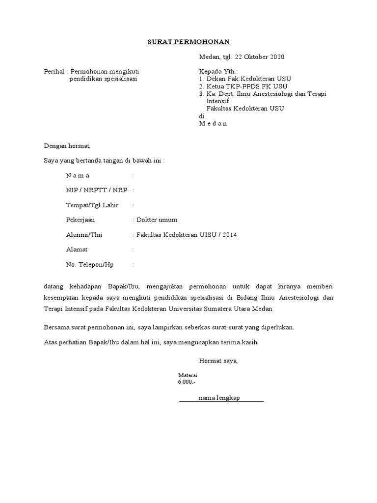 Surat Permohonan PPDS USU 2 | PDF