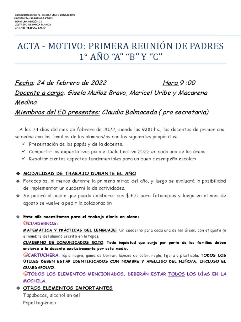Acta Reunion de Padres | PDF