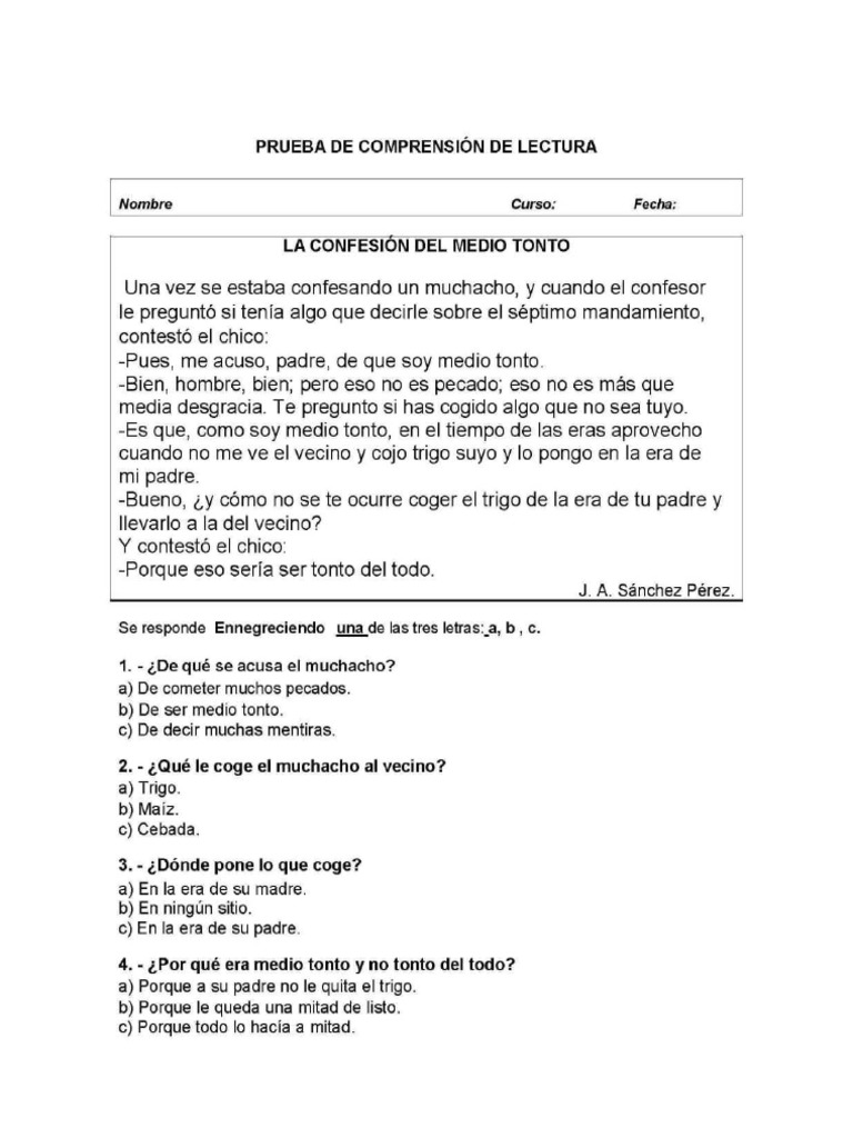 Prueba Comprension Lectora Grado 4 | PDF