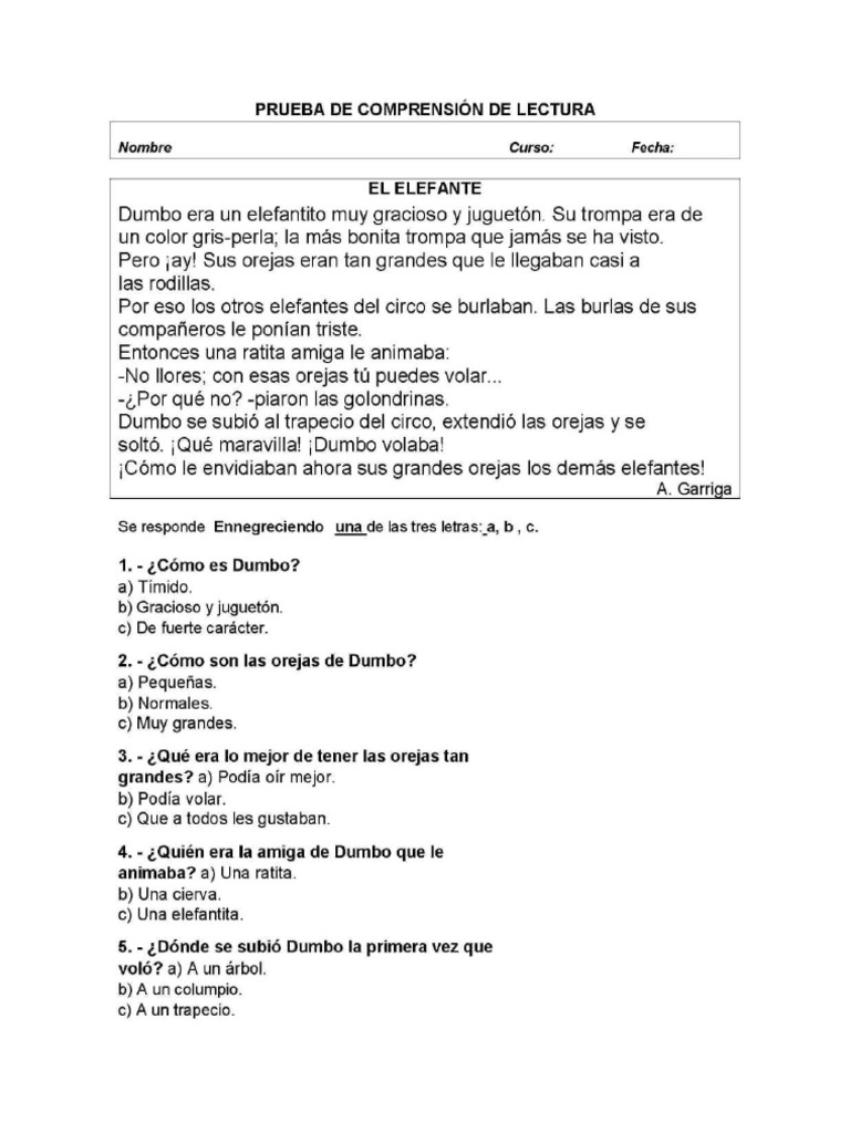 Prueba Comprension Lectora Grado 5 | PDF