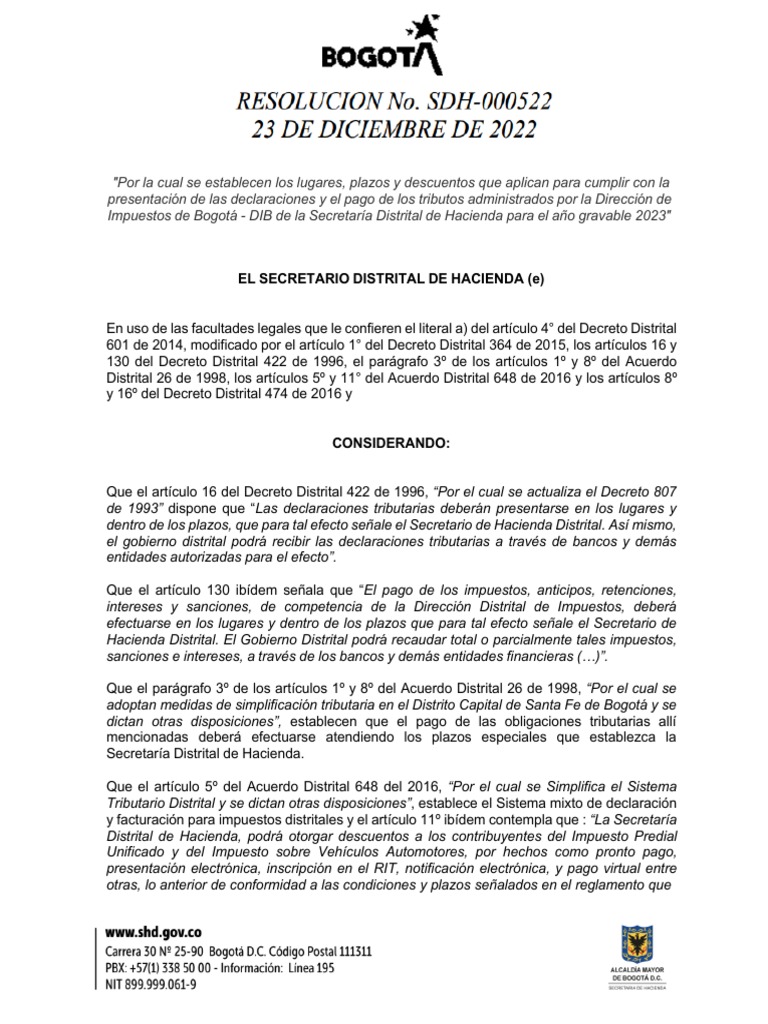 Resolucion SDH 000522 Calendario Tributario 2023 | PDF | Impuestos | Comercio