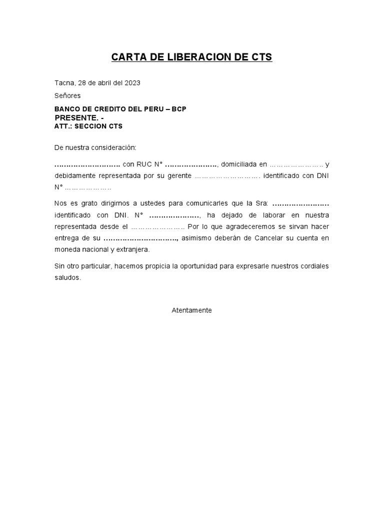 Carta de Liberacion de Cts Modelo | PDF | Finanzas y dinero
