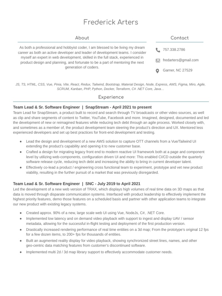 Frederick Arters Resume | PDF | 3 D Computer Graphics | Computer Science