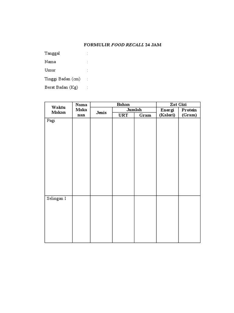 Formulir Food Recall 24 Jam | PDF