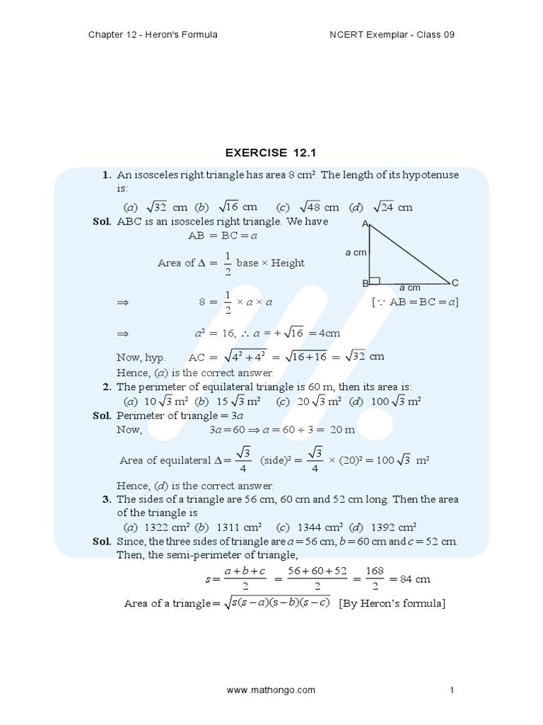 Ncert Exemplar Math Class 09 Chapter 12 Herons Formula | PDF | Area | Triangle