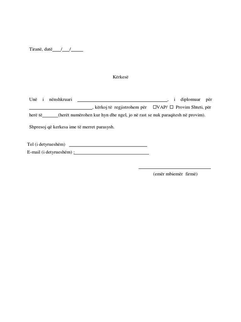 Kerkese Per Regjistrim Ne Provimin VAP 03042023 | PDF