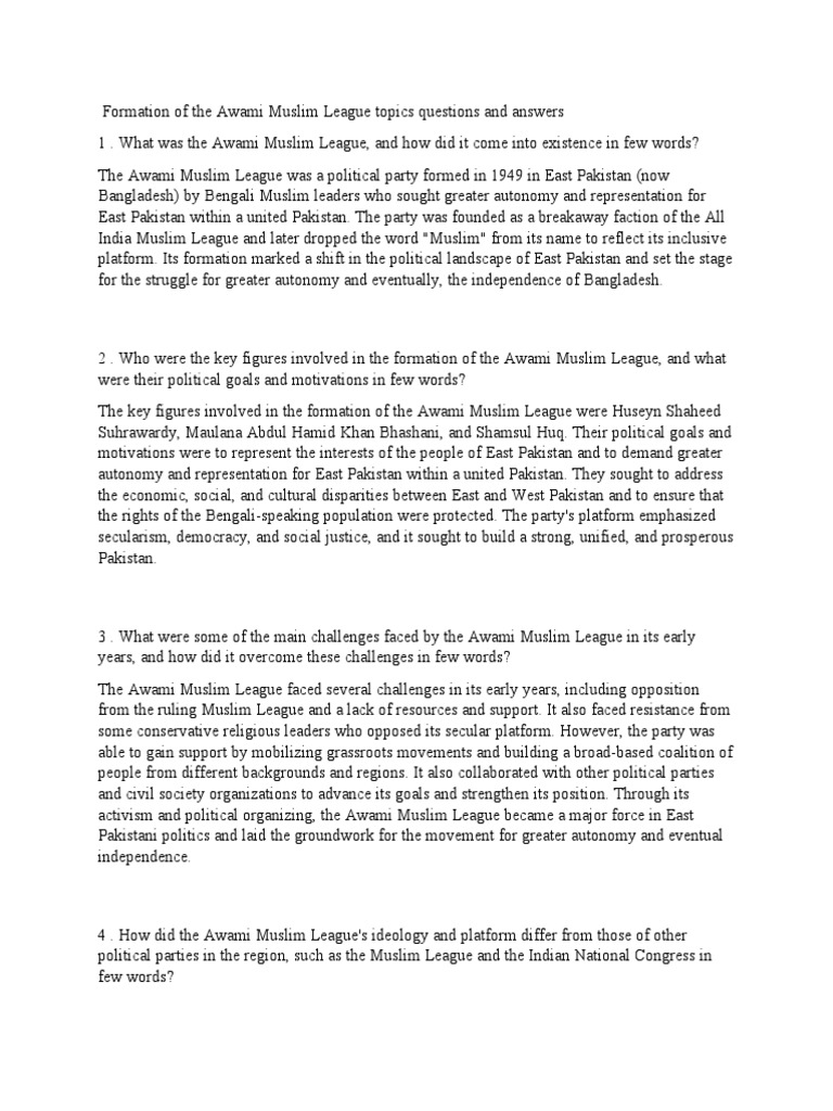 Formation of The Awami Muslim League Topics Questions and Answers | PDF ...