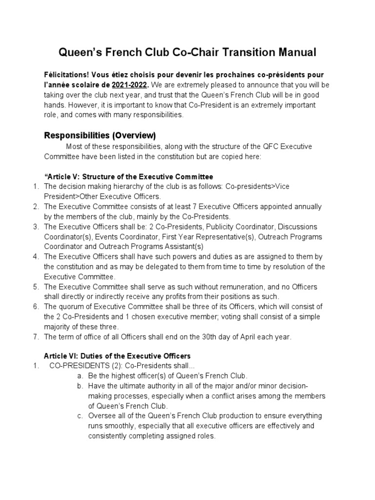 Queens French Club Co Chair Transition Manual | PDF Queens French Club Co Chair Transition Manual | PDF