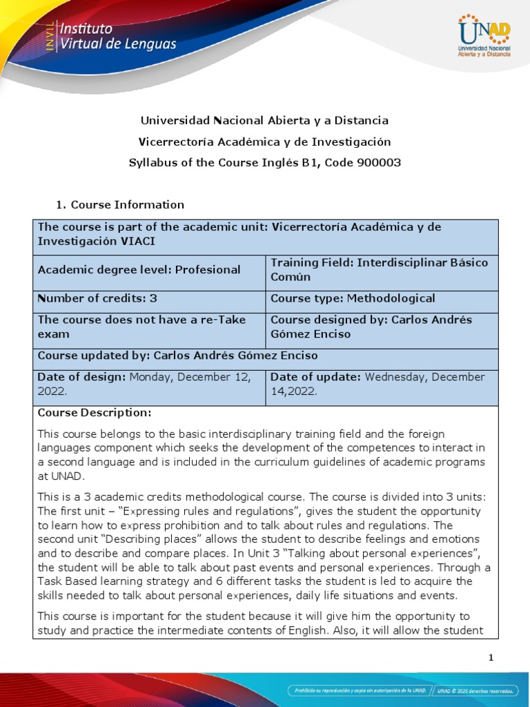 Course Syllabus English B1 | PDF | Learning | Communication