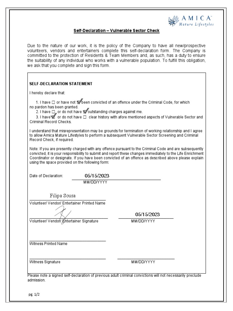 Self Declaration VSC Form - Filipa Sousa | Download Free PDF | Crimes ...