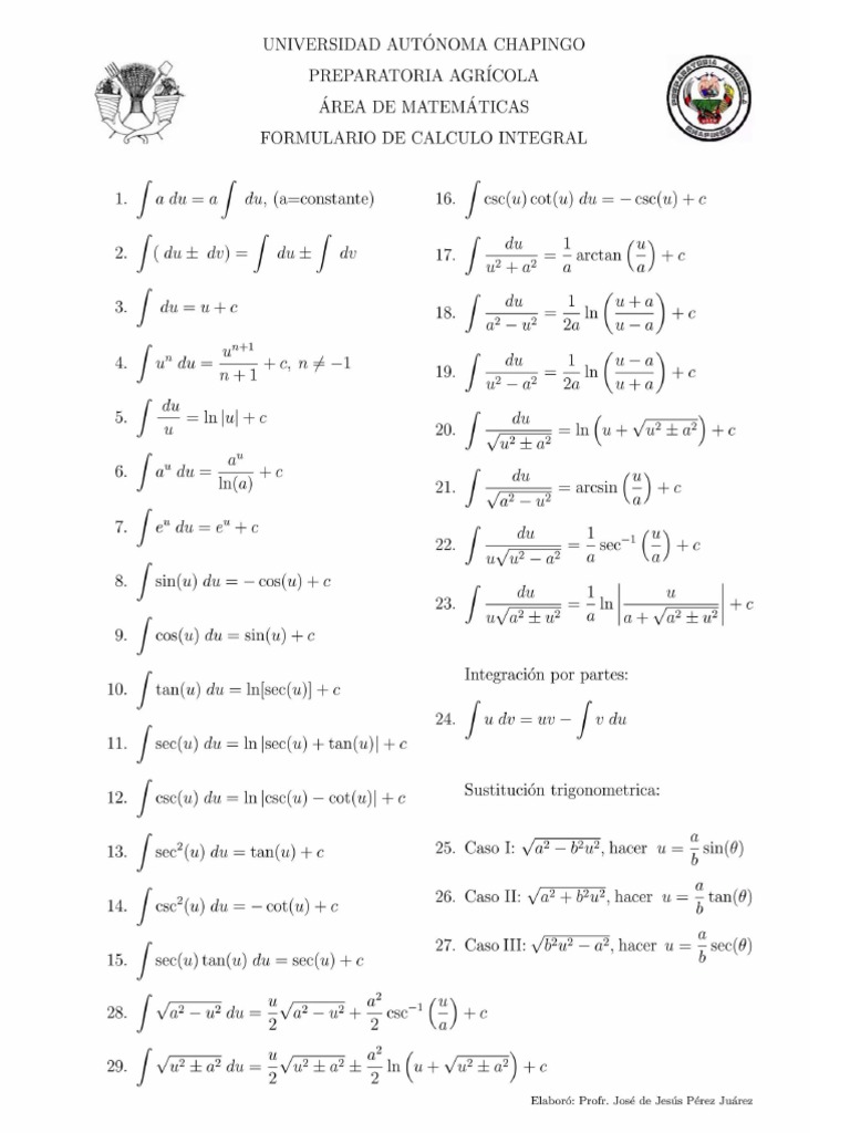 FORMULARIO CALCULO INTEGRAL | PDF