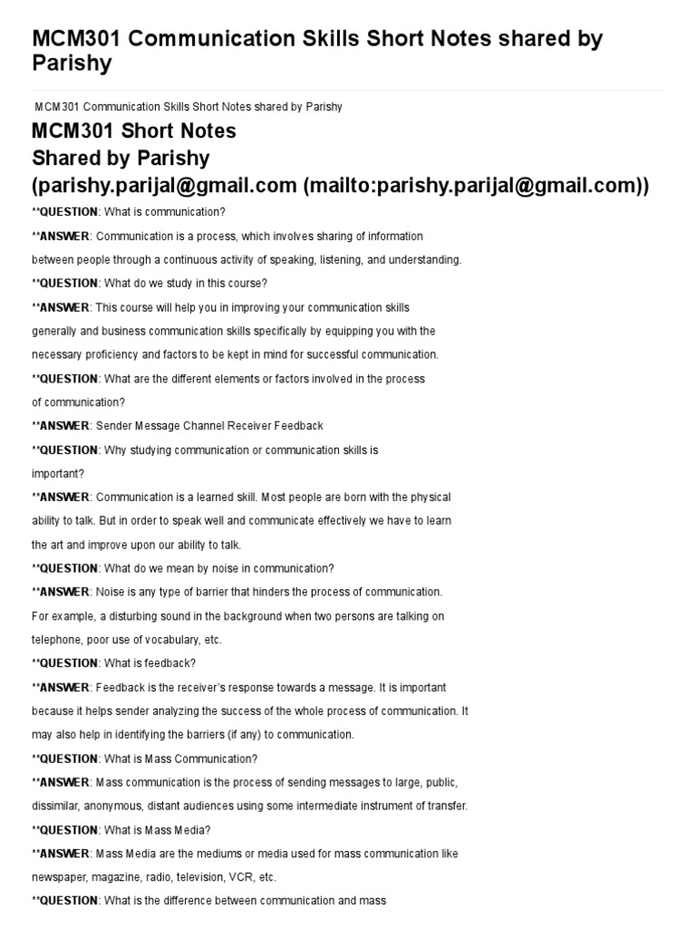 Mcm301 Shorts Notes Pdf Communication Leadership