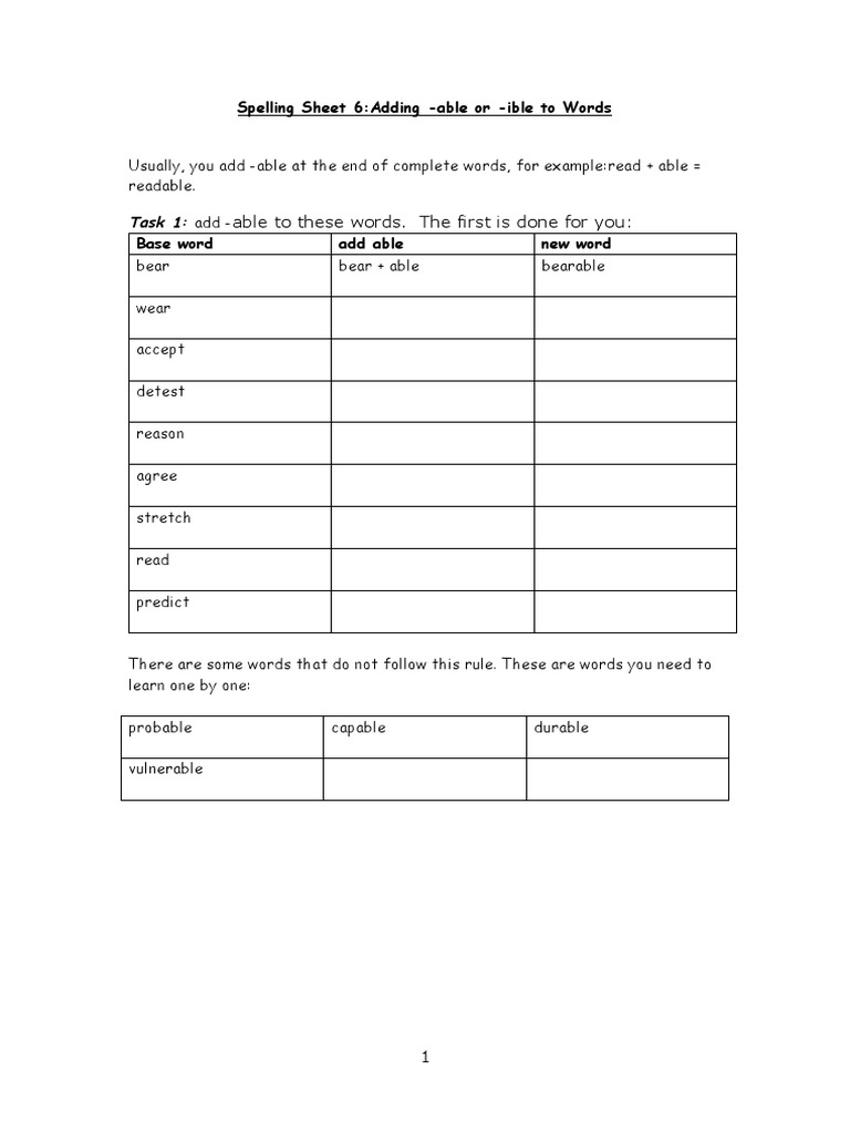Spelling Sheet 6 - Adding ABLE and IBLE | PDF Spelling Sheet 6 - Adding ABLE and IBLE | PDF