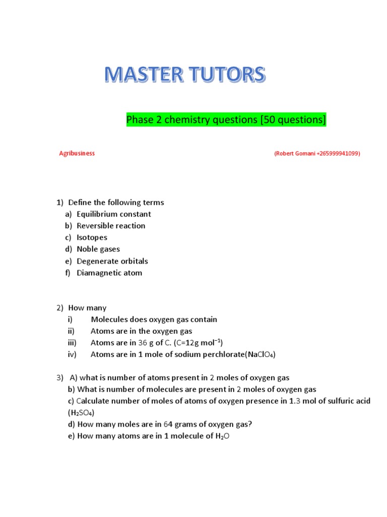 50 Chemistry Questions To Be Covered in Phase 2 (Master Tutors) - 2 | PDF | Chemical Equilibrium ...