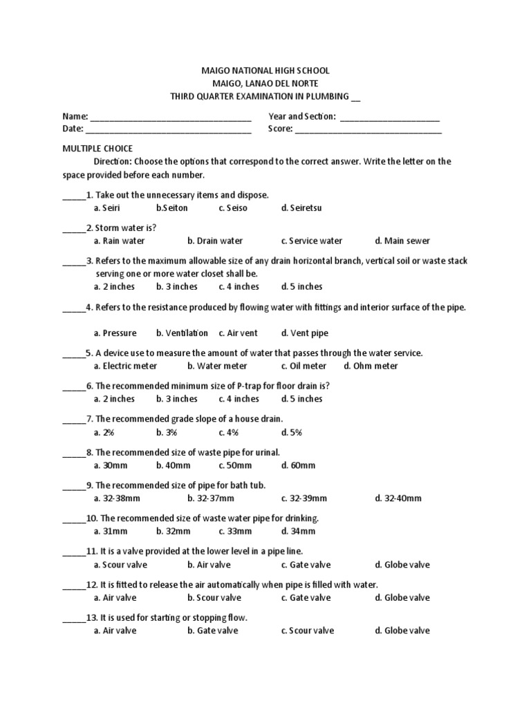 Plumbing Exam Questions for Students | PDF | Plumbing | Valve