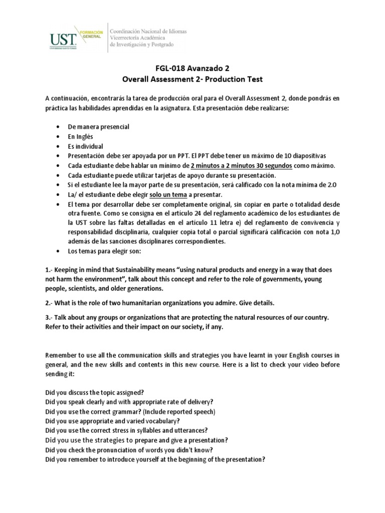AVANZADO 2 - OVERALL ASSESSMENT 2 - Production Test | PDF