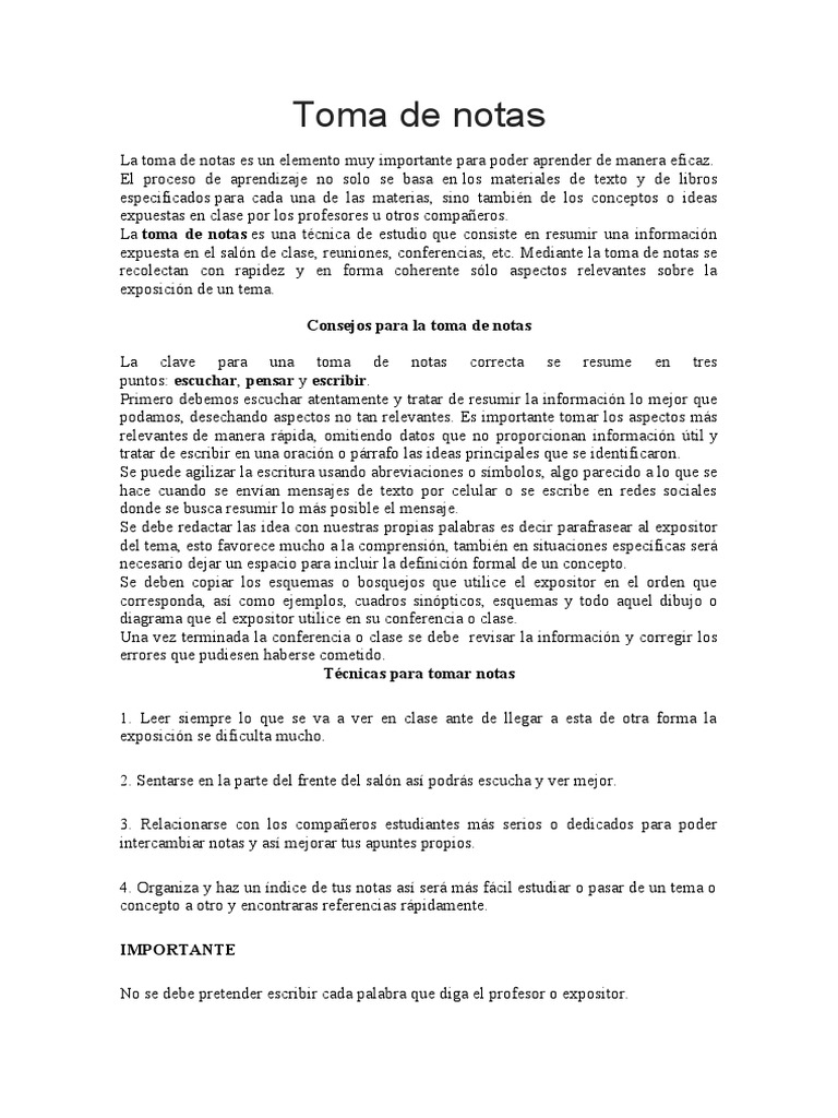 Toma de Notas | PDF | Comunicación humana | Comunicación