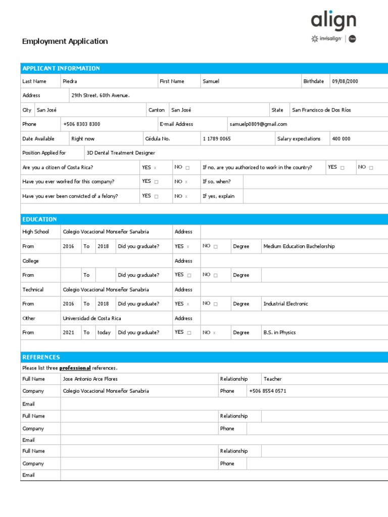 Align Technologies Application Form | PDF