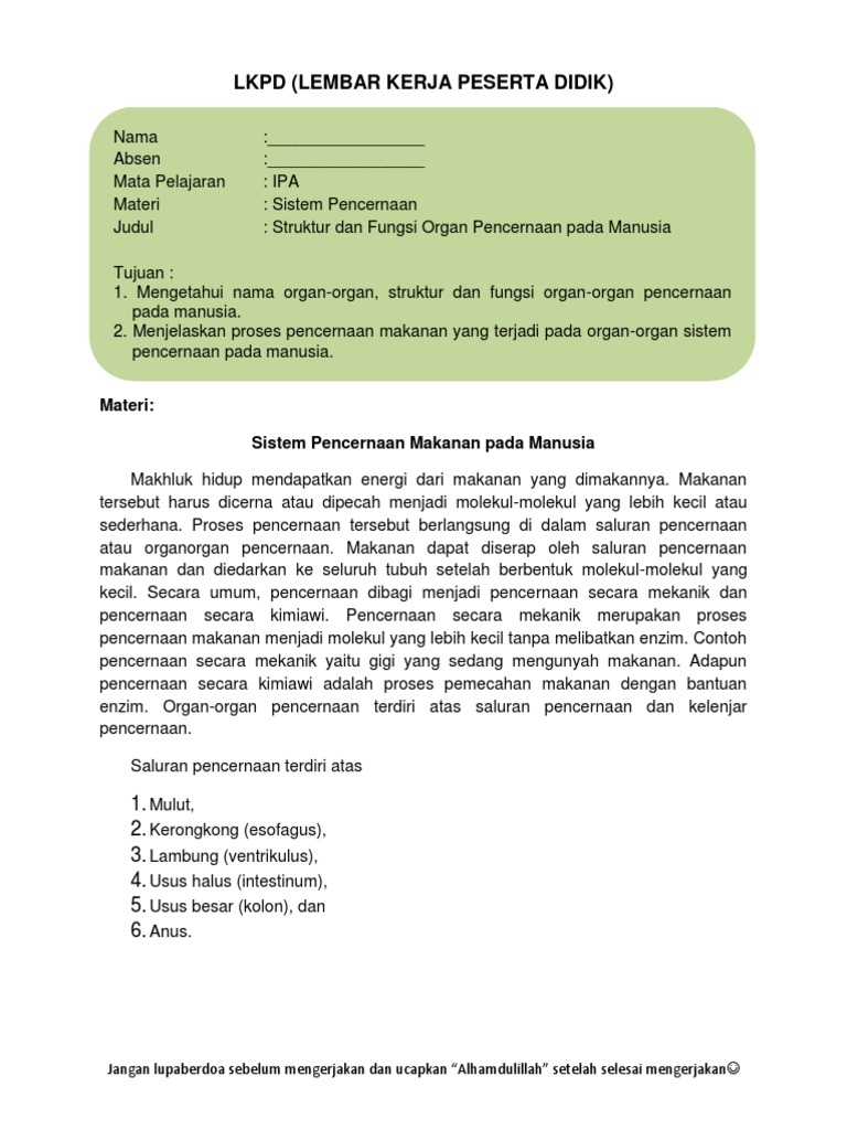 LKPD Sistem Pencernaan IPA | PDF