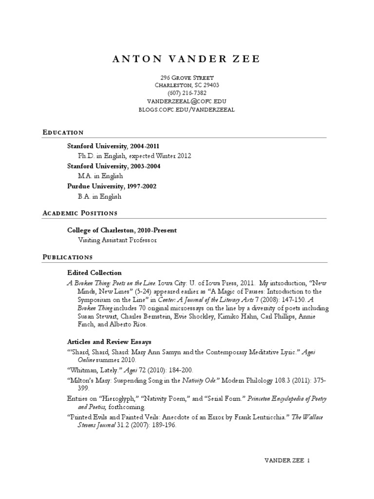 Anton Vander Zee CV September Large | PDF | Poetry | Curriculum