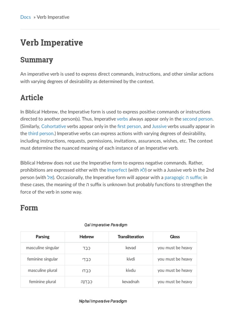 Verb Imperative - Unfoldingword® Hebrew Grammar 1 Documentation | PDF | Human Communication | Syntax