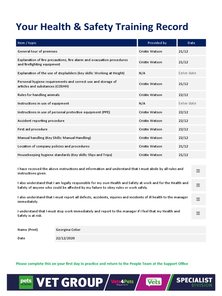 Health & Safety Training Record Form | PDF | Safety | Occupational ...