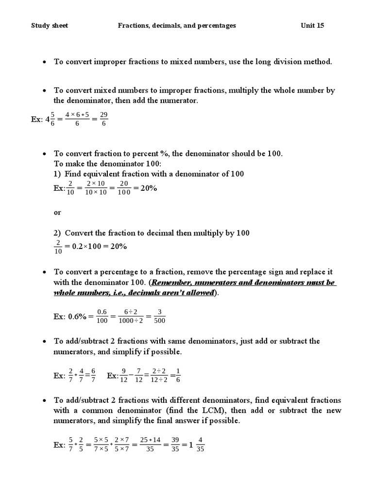 Fraction Conversion and Operations Guide | PDF | Percentage | Numbers
