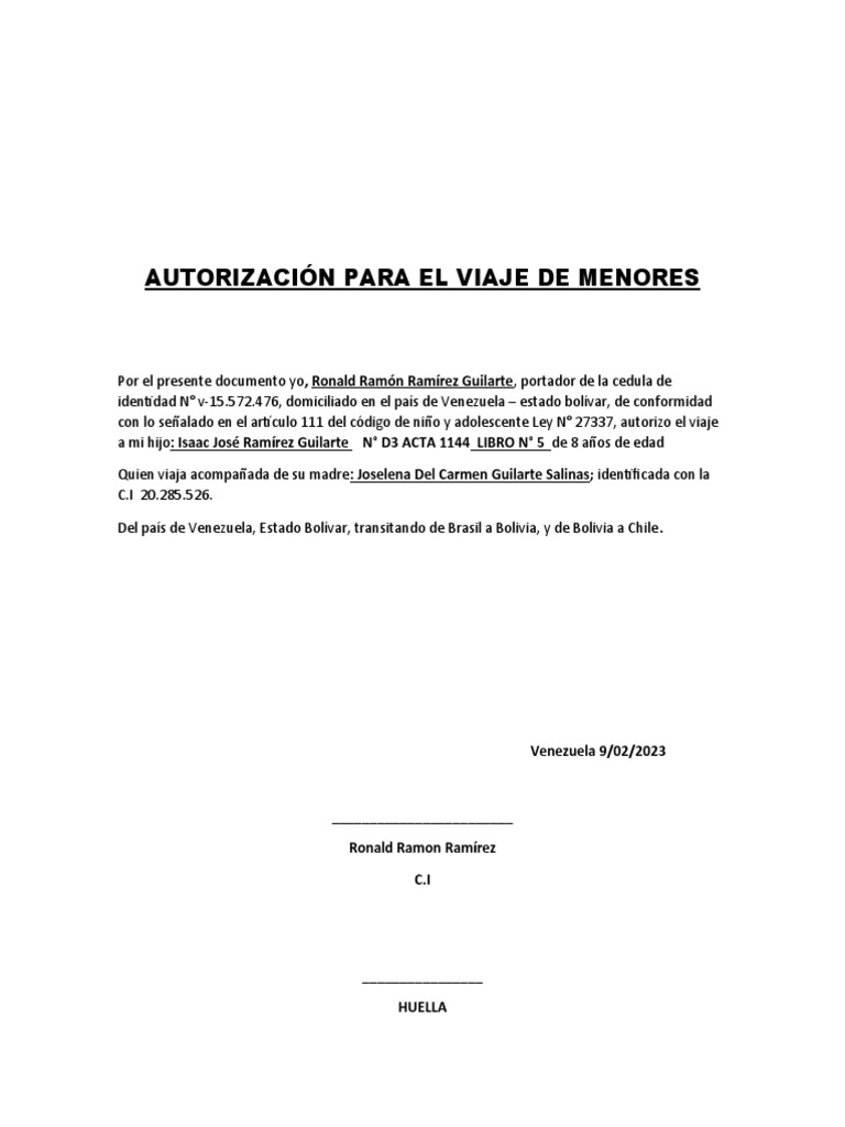 Autorización para El Viaje de Menores | PDF Autorización para El Viaje de Menores | PDF