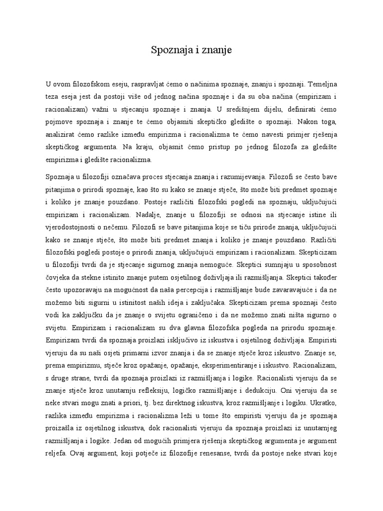 Spoznaja I Znanje - Filozofski Esej | PDF