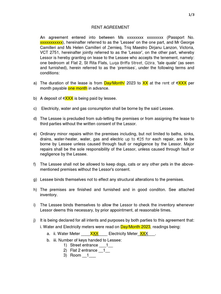 Room Rental Agreement Template | PDF | Lease | Private Law