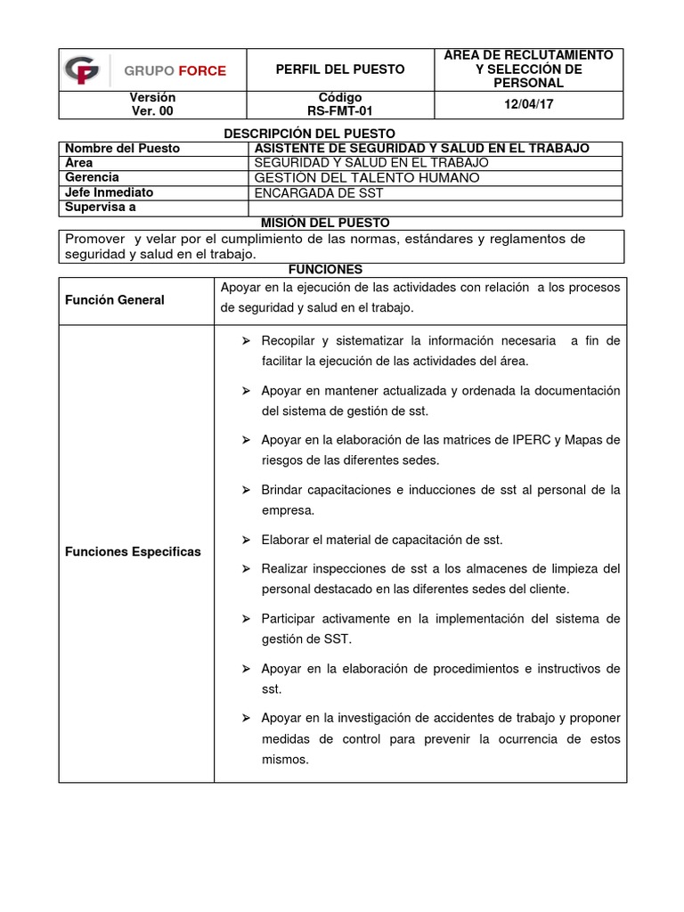 Perfil de Puesto - Asistente de Seguridad y Salud en El Trabajo | PDF | Reclutamiento