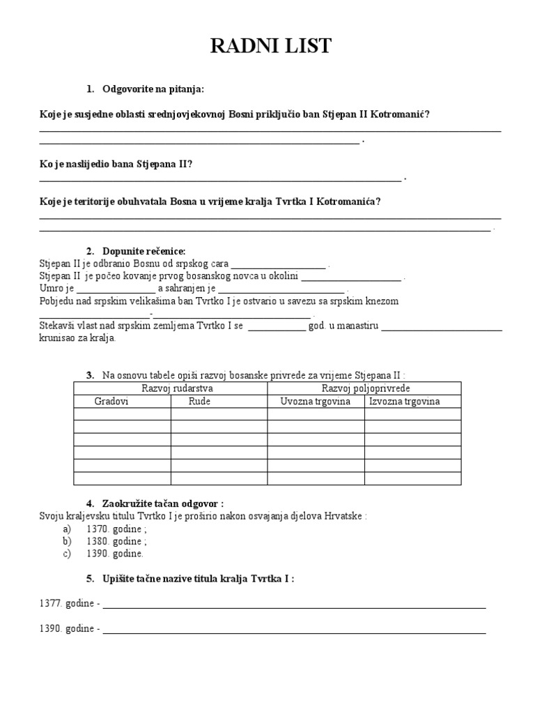 Radni List - Bosna U Xiv I XV Stoljeću | PDF
