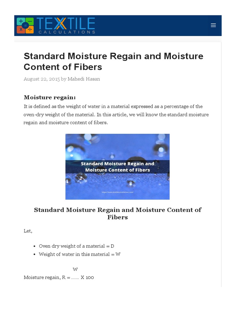 Standard Moisture Regain of Fibers | PDF | Textiles | Polymers