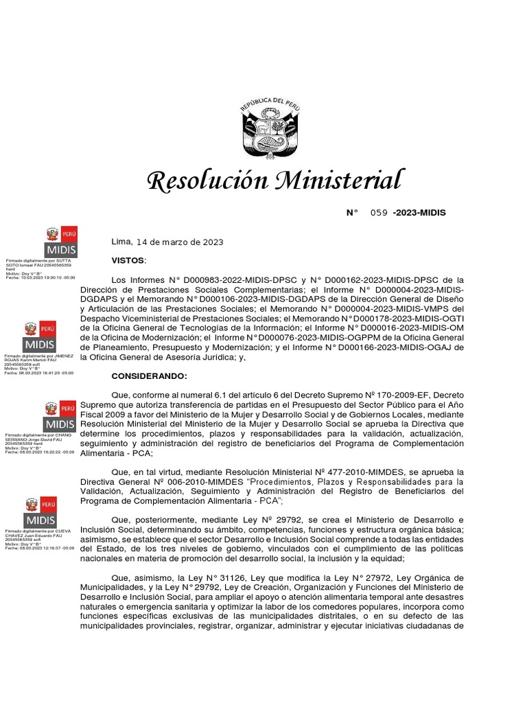 2023-RM - 059-2023-Midis - Registro de Usuarios Pca | PDF | Ministerio (Departamento de Gobierno ...