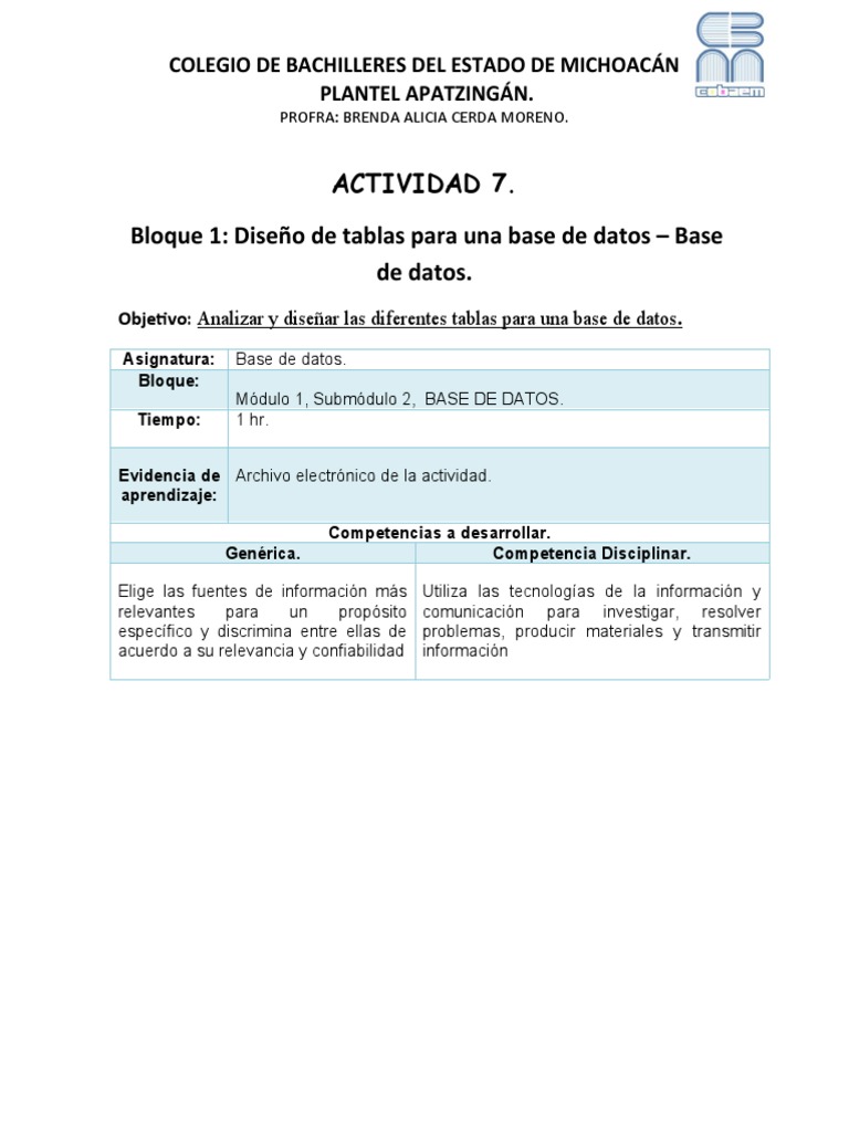 Actividad 7 Bloque 1 Atributos de Tablas Base de Datos | PDF | Informática | Tecnologías de la ...