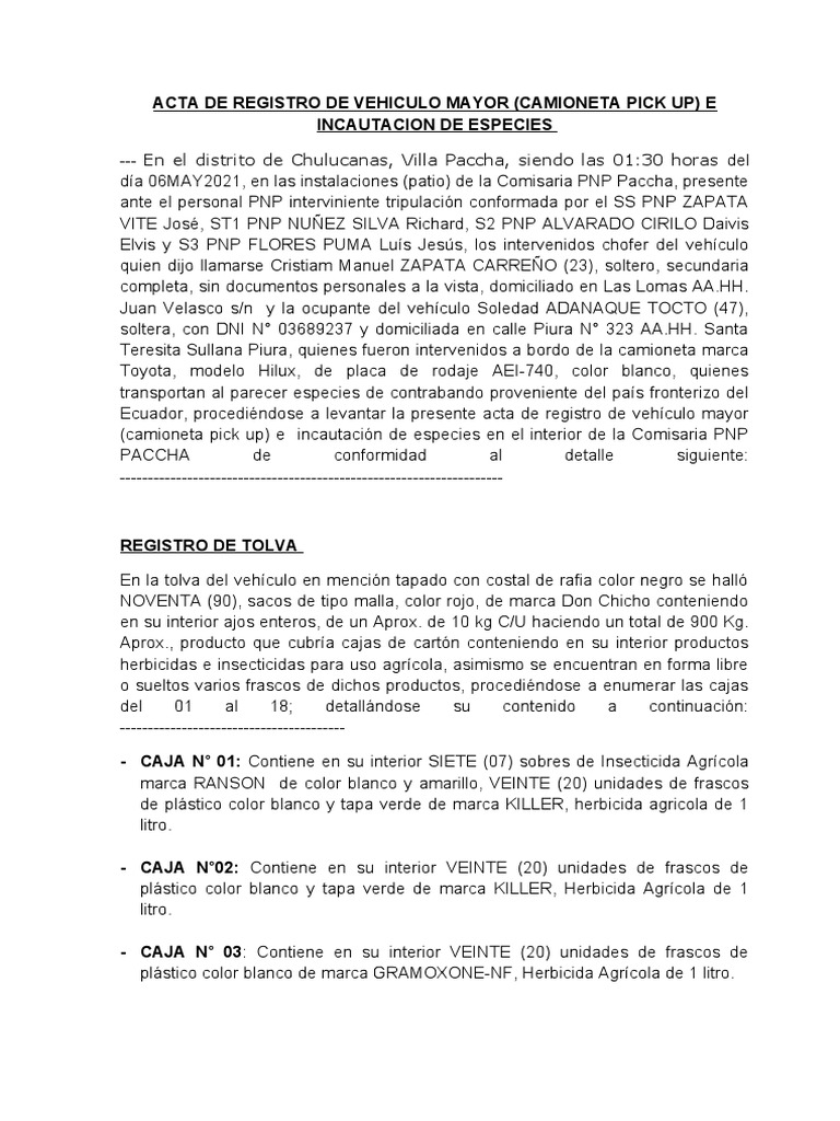 Acta de Registro Vehicular 2021 | PDF | Aficiones | Materiales