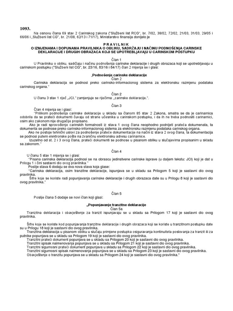 Pravilnik o Izmjenama I Dopunama Pravilnika o Obliku, Sadržaju I Načinu Podnošenja Carinske ...