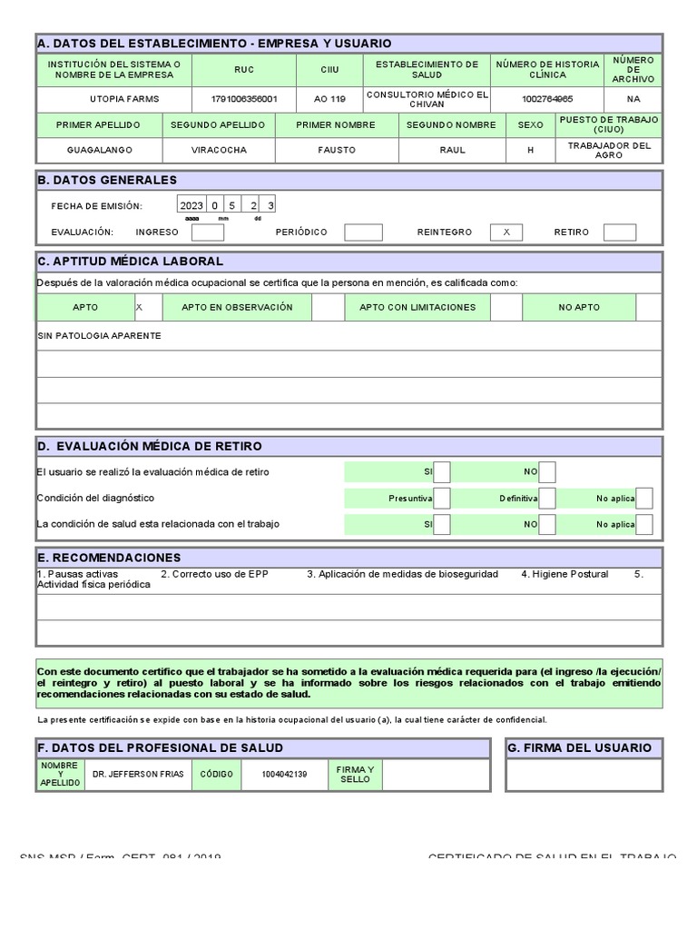 Formulario SNS-MSP FORM. HCU 081. Certificado de Salud en El Trabajo ...