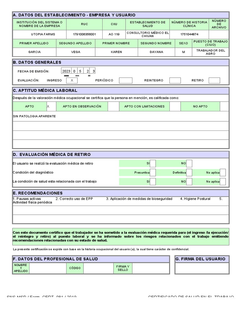 Formulario SNS-MSP FORM. HCU 081. Certificado de Salud en El Trabajo | PDF | Cuidado de la salud ...