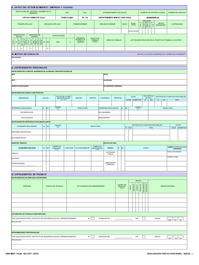 Formulario SNS-MSP Form. HCU 077. Evaluación Preocupacional - Inicio | PDF | Medicina CLINICA ...