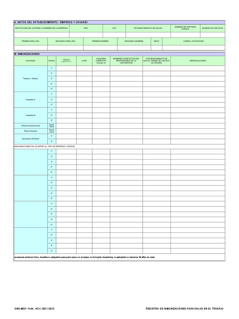 Formulario SNS - MSP - Form. HCU 083. Registro de Inmunizaciones para ...