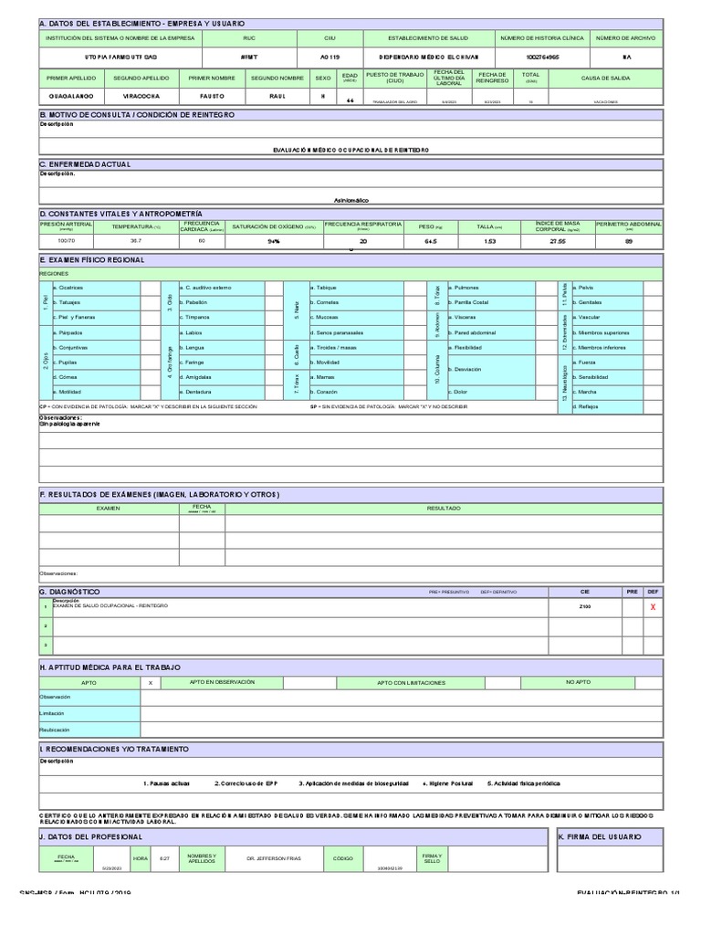 Formulario SNS-MSP Form. HCU 079. Evaluación de Reintegro. | PDF ...